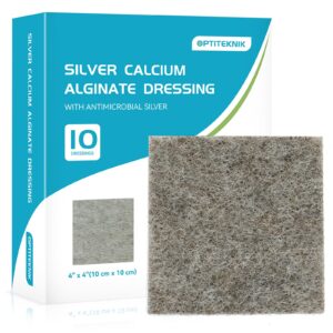 optiteknik ag silver calcium alginate wound dressing pads 4"x4" pack of 10, soft silver dressings for wound care, gentle highly absorbent dressing, non stick gauze pads for wounds