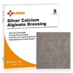 carbou silver calcium alginate wound dressing with ag, 4'' x 4'' patches,5 individual sterile pads, soft and highly absorbent dressing gauze, non-stick padding