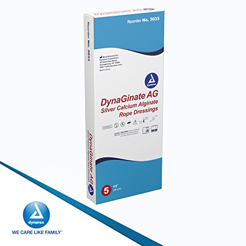 Dynarex DynaGinate AG Silver Calcium Alginate Rope Dressings - ¾"x12", Calcium Alginate Wound Dressing with Silver Ions, 1 Box of 5 DynaGinate AG Silver Calcium Alginate Rope Dressings - ¾"x12".