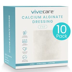 vivecare calcium alginate wound dressing (10 pack) - individually wrapped, sterile gauze pads - absorbent sterile patches for ulcer, bed sore, g tube, & diabetic foot - non-stick burn treatment