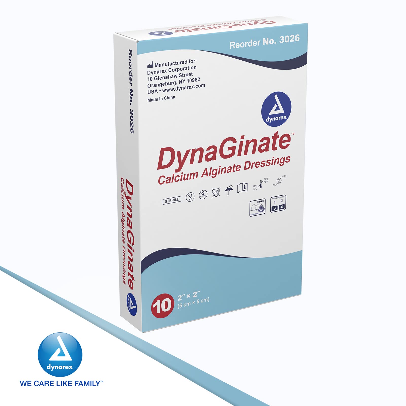 Dynarex DynaGinate Calcium Alginate Wound Dressing - Sterile, Non-Stick Topical Wound Pads - Absorbent Gel Patches for Moderate to High Exuding Cuts - for Medical & Home Use - 2"x 2", Box of 10