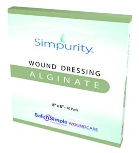 calcium alginate wound dressing 8" x 8" -simpurity- individual thick pads antimicrobial alginate dressing fiber padding medical soft wound care for bed sore-pressure sore-diabetic foot, box of 10