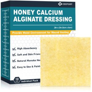 ceeport manuka honey calcium alginate wound dressing, 2"x 2" high absorbency honey wound dressing with calcium alginate, medical grade manuka honey wound care bandages patches for wounds(pack of 10)