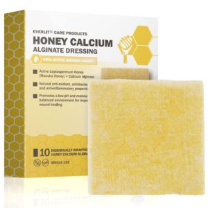 everlit honey calcium alginate dressing 2” x 2” pack of 10 | sterile, highly absorbent dressing with pure manuka honey | advanced wound care for cuts, skin tears, burns, pressure sores, diabetic ulcer