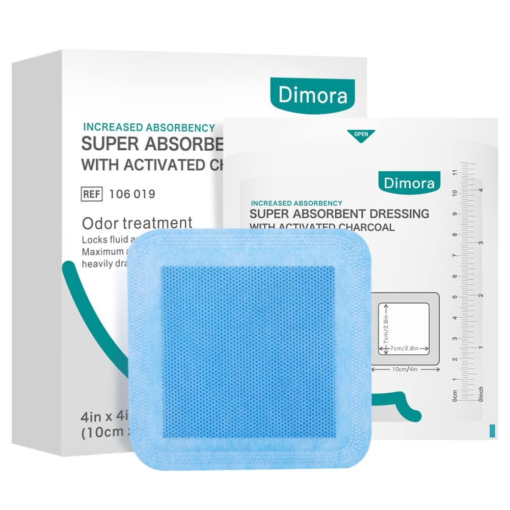 Dimora Upgrade Super Absorbent Dressing with Activated Charcoal for Wound Care, Odor Absorbing Pads 4"x 4" 10 Packs