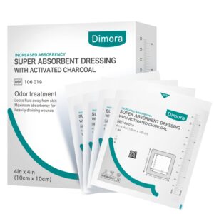 Dimora Upgrade Super Absorbent Dressing with Activated Charcoal for Wound Care, Odor Absorbing Pads 4"x 4" 10 Packs