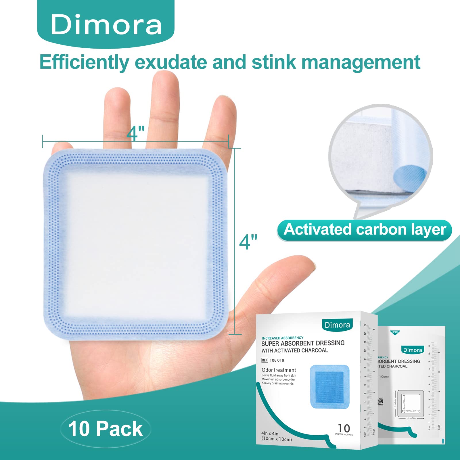 Dimora Upgrade Super Absorbent Dressing with Activated Charcoal for Wound Care, Odor Absorbing Pads 4"x 4" 10 Packs