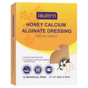 [pack of 10] honey calcium alginate dressing 2”x2”, honey wound patches with calcium, fast healing honey pads for bedsores, surgical wound, diabetic foot ulcers, burns and skin tears