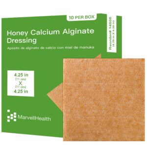 marvellhealth honey calcium alginate dressing 4.25” x 4.25”, pack of 10 individual sterile pads, medical active leptospermum honey, highly absorbent, fast healing for diabetic ulcers & abrasions