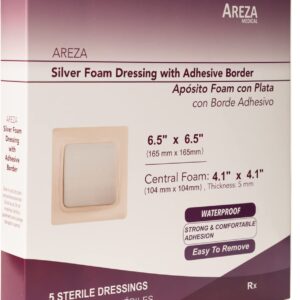 Silver Foam Dressing with Border 6.5″ X 6.5″ Central Foam 4.1" x 4.1" Sterile 5 Dressing per Box (1)