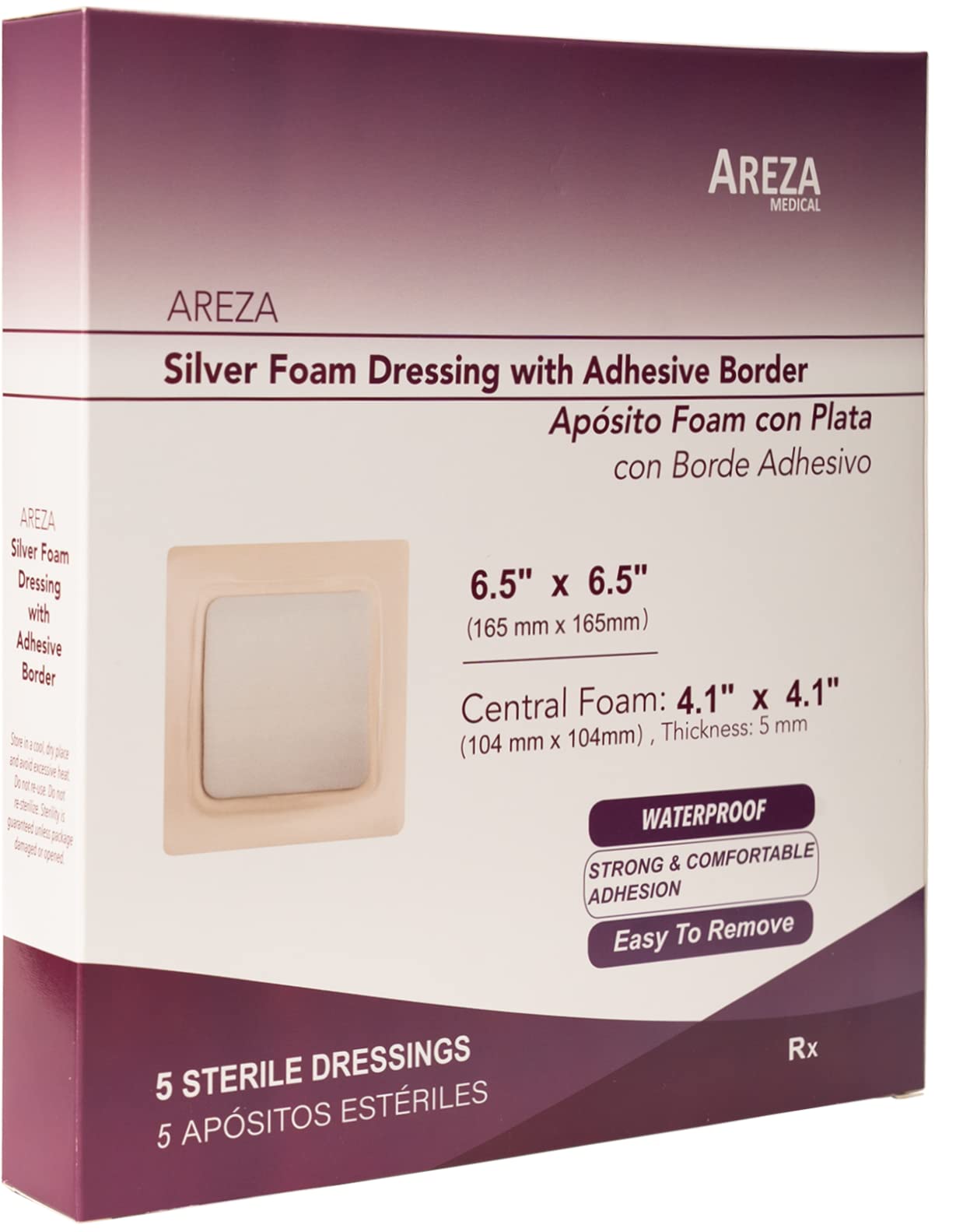 Silver Foam Dressing with Border 6.5″ X 6.5″ Central Foam 4.1" x 4.1" Sterile 5 Dressing per Box (1)