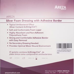 Silver Foam Dressing with Border 6.5″ X 6.5″ Central Foam 4.1" x 4.1" Sterile 5 Dressing per Box (1)