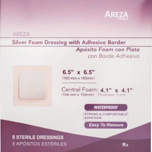 Silver Foam Dressing with Border 6.5″ X 6.5″ Central Foam 4.1" x 4.1" Sterile 5 Dressing per Box (1)