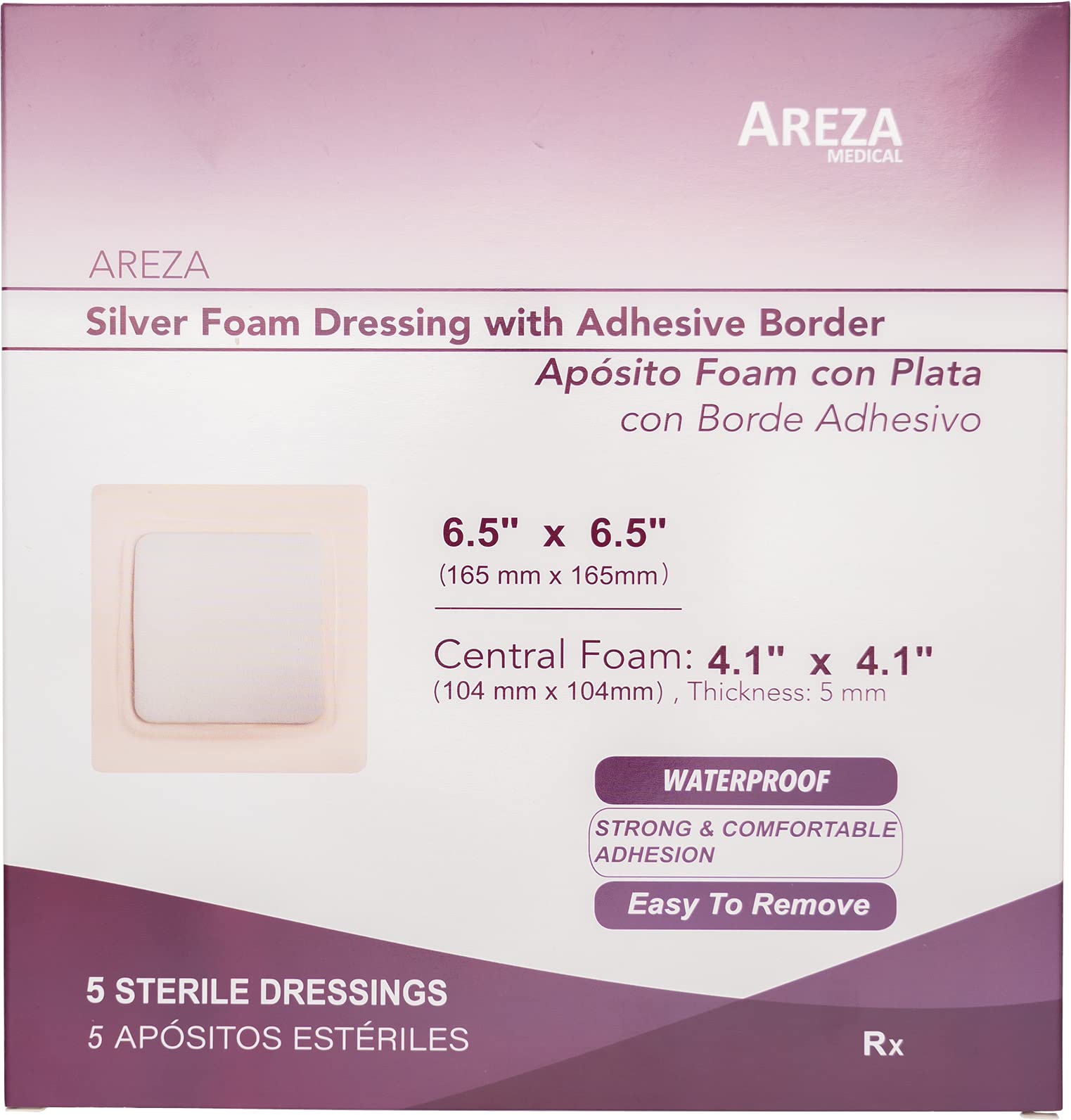 Silver Foam Dressing with Border 6.5″ X 6.5″ Central Foam 4.1" x 4.1" Sterile 5 Dressing per Box (1)