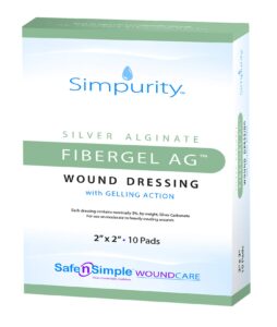 simpurity silver alginate fibergel ag wound dressing with gelling action, 2" x 2", box of 10