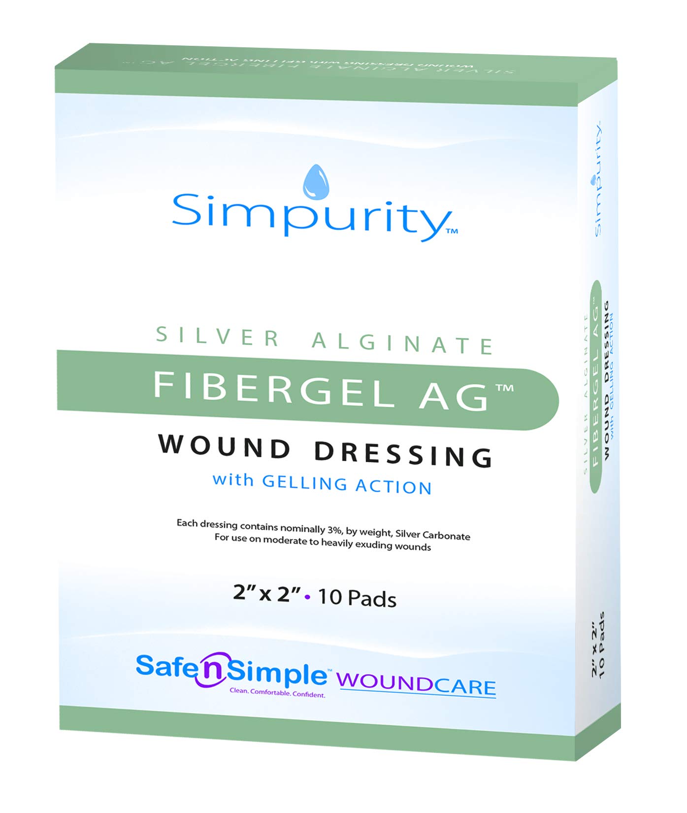 Simpurity Silver Alginate Fibergel AG Wound Dressing with Gelling Action, 2" X 2", Box of 10