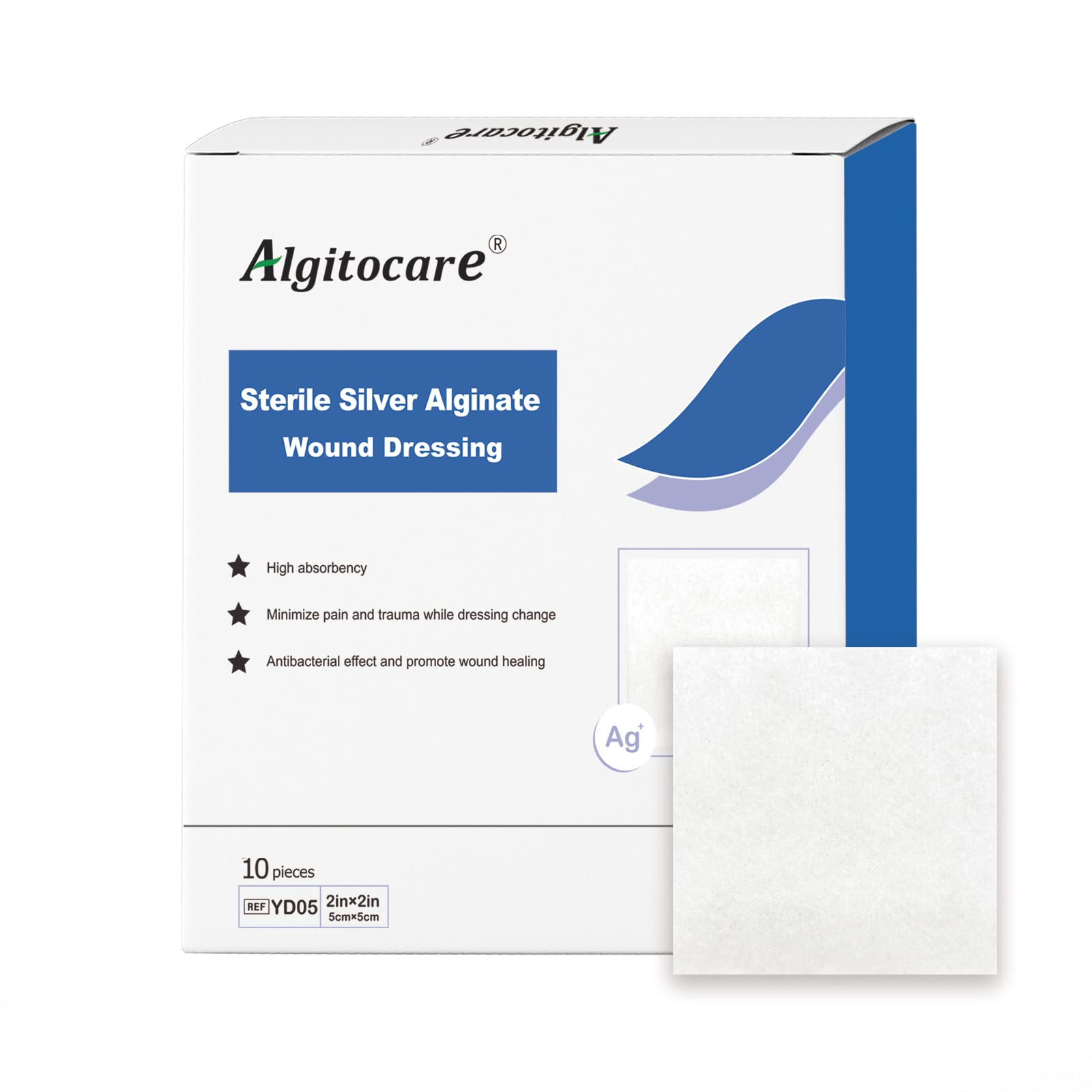 Algitocare Ag Silver Calcium Alginate Wound Dressing - 2"x2"(Pack of 10), Non-Stick Sterile Gauze Pads for Accelerating Wound Healing, High Absorbency and Soft for Wound Care Supplies …