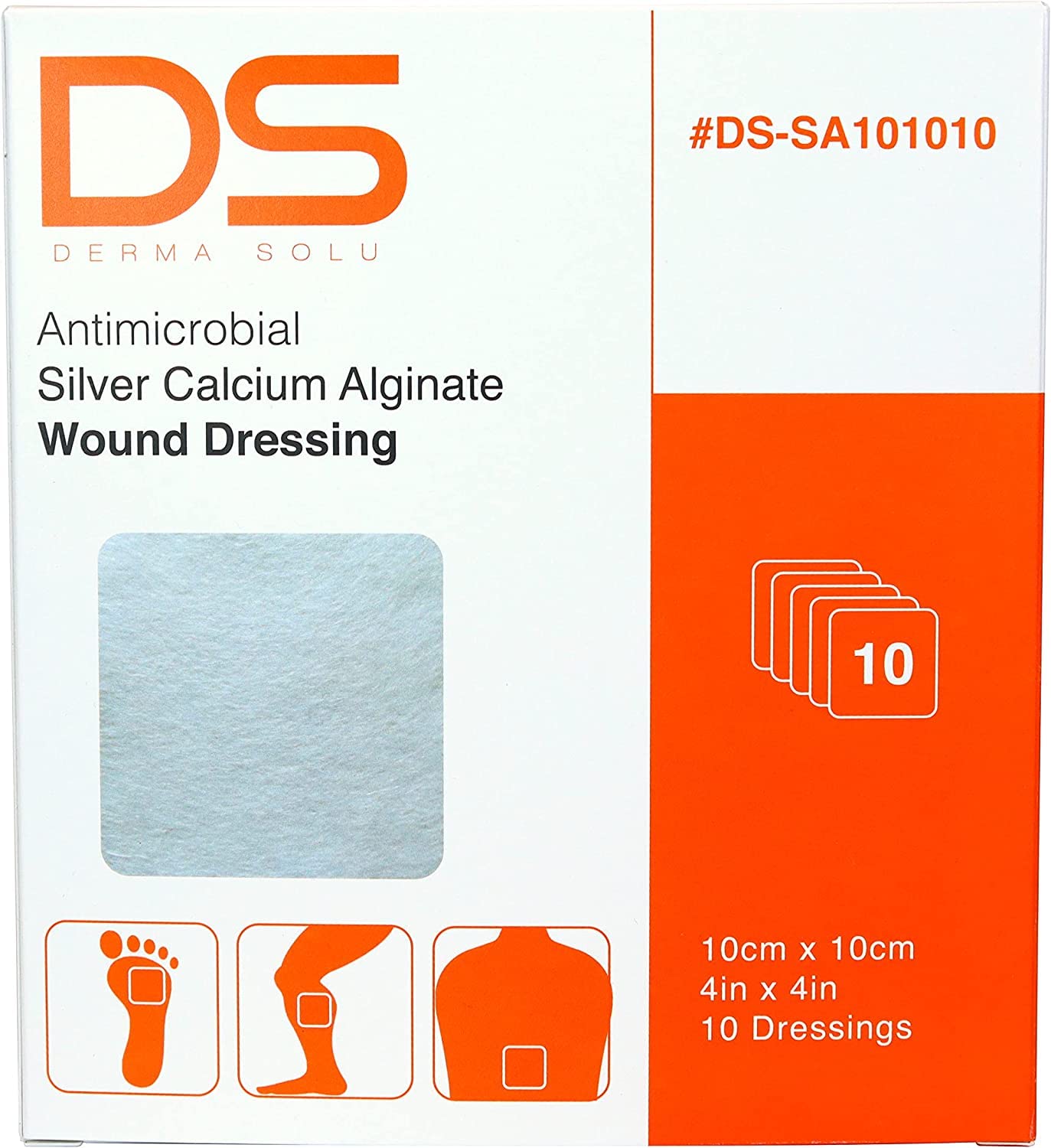 DERMA SOLU 4” x 4” Silver Calcium Alginate Wound Dressing Alginate w/Silver Sterile (4" x 4" (10 Dressings))