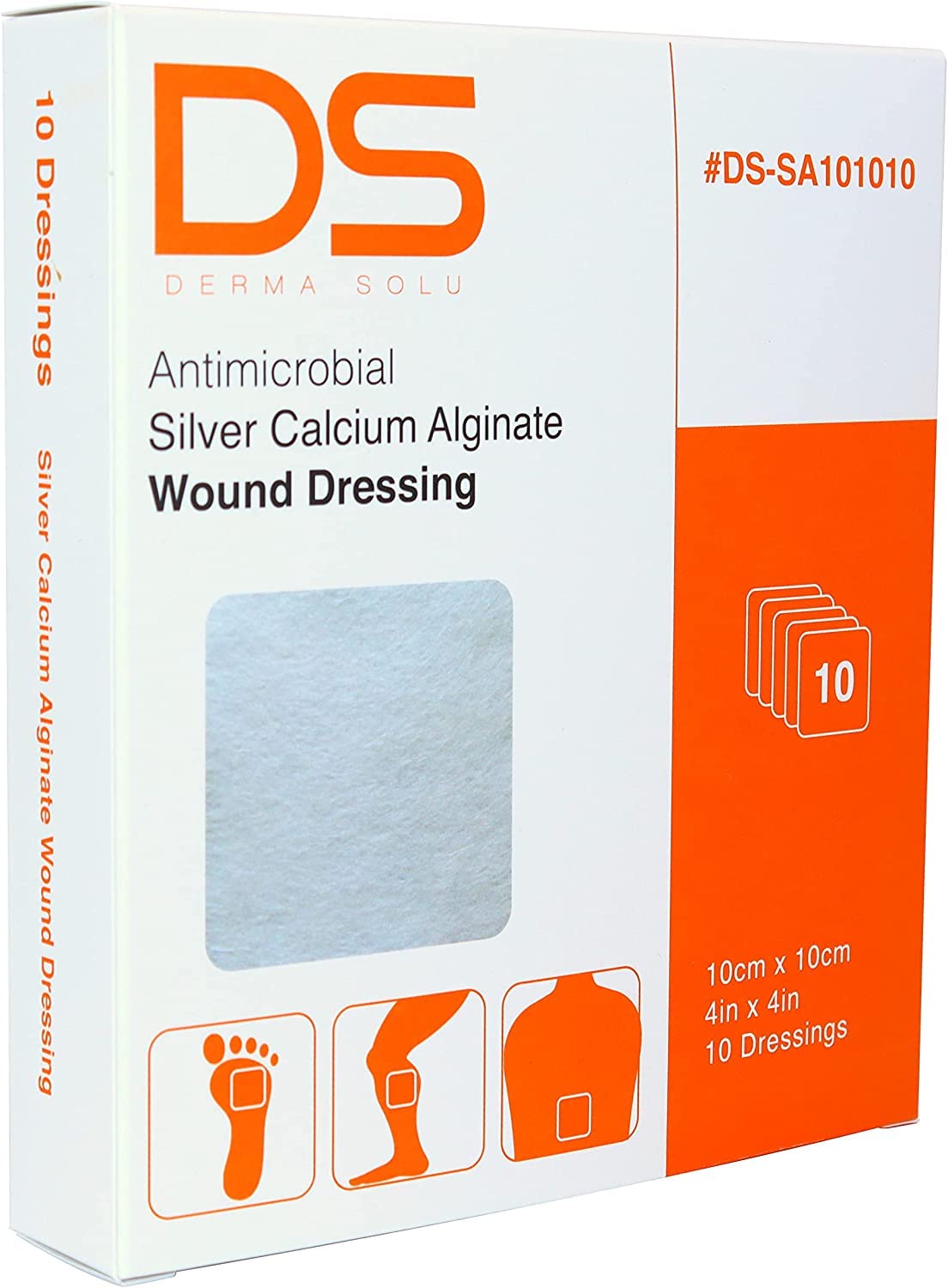 DERMA SOLU 4” x 4” Silver Calcium Alginate Wound Dressing Alginate w/Silver Sterile (4" x 4" (10 Dressings))