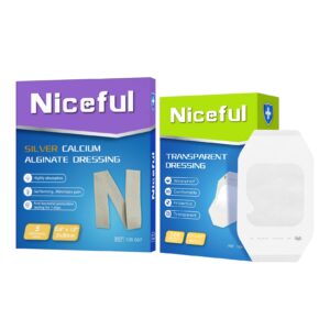 niceful 5 packs ag silver calcium alginate dressing 0.8x12 in, 100 packs transparent film dressing waterproof, highly absorbent ag algiante dressing