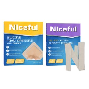 niceful 5 packs silver calcium alginate ropes0.8"x12“, 10 packs silicone foam dressing 5"x5", highly absorbent wound dressing comfortable wound pads for pressure ulcer