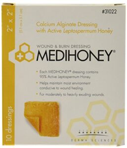 derma sciences 31022 medihoney calcium alginate dressing, 2" width x 2" length (pack of 10)