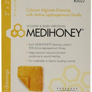 Derma Sciences 31022 Medihoney Calcium Alginate Dressing, 2" Width x 2" Length (Pack of 10)