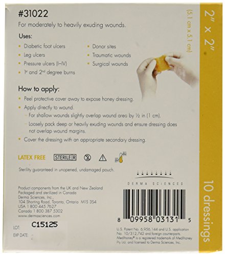 Derma Sciences 31022 Medihoney Calcium Alginate Dressing, 2" Width x 2" Length (Pack of 10)