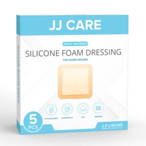 jj care silicone foam dressing 6x6 [pack of 5], silicone bandages for wounds, waterproof wound dressing with silicone adhesive border, absorbent bed sore bandages for wound care