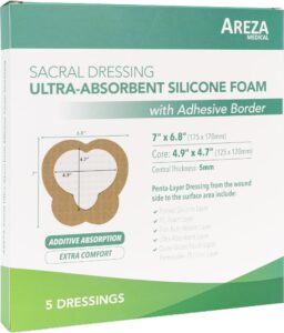 areza medical - ultra-absorbent silicone foam wound dressing - waterproof - with adhesive border - sterile - designed for sacral wounds - 7" x 6.8" - 5 pcs per box