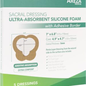 Areza Medical - Ultra-Absorbent Silicone Foam Wound Dressing - Waterproof - with Adhesive Border - sterile - designed for Sacral Wounds - 7" X 6.8" - 5 PCS Per Box