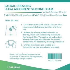 Areza Medical - Ultra-Absorbent Silicone Foam Wound Dressing - Waterproof - with Adhesive Border - sterile - designed for Sacral Wounds - 7" X 6.8" - 5 PCS Per Box