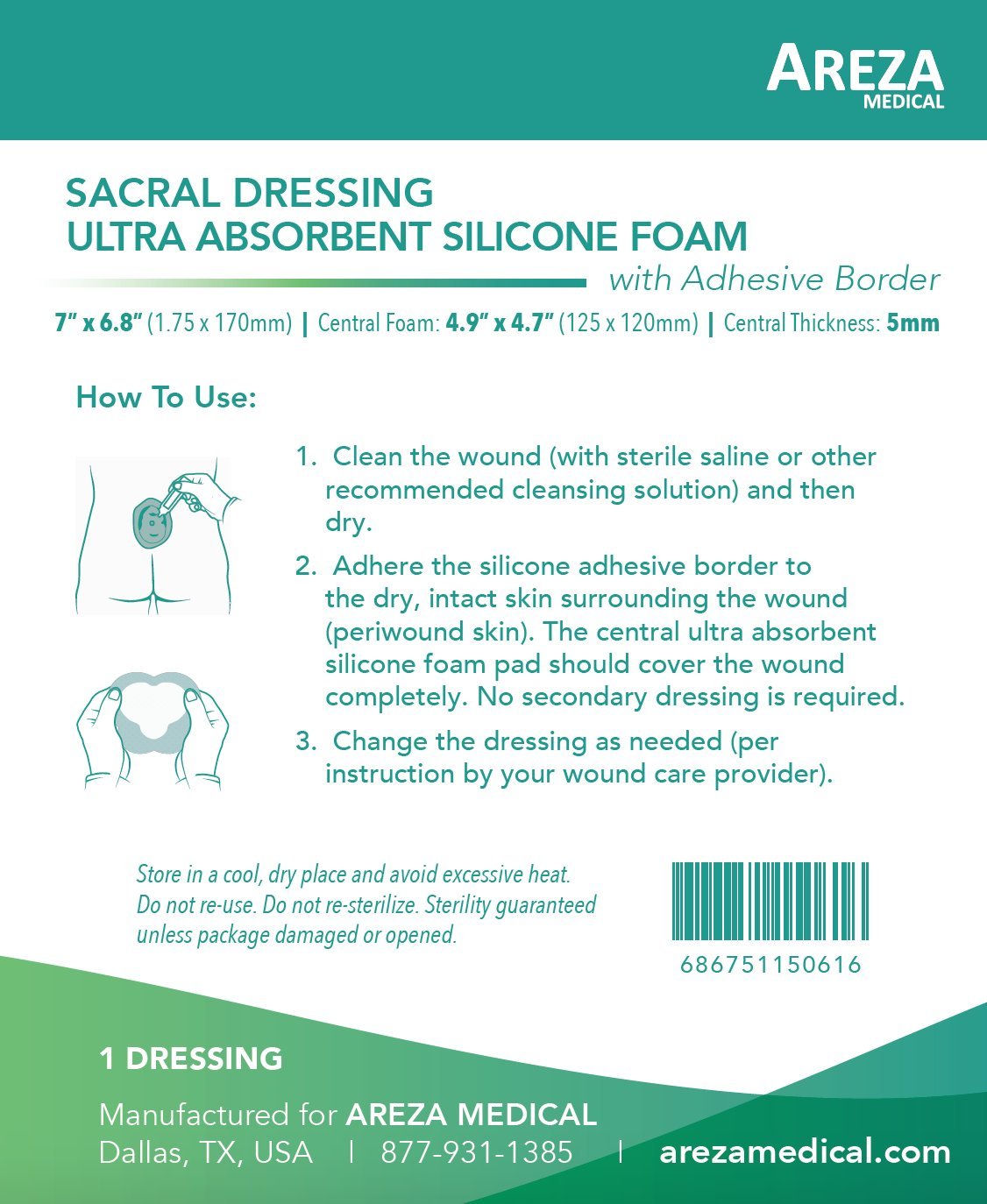 Areza Medical - Ultra-Absorbent Silicone Foam Wound Dressing - Waterproof - with Adhesive Border - sterile - designed for Sacral Wounds - 7" X 6.8" - 5 PCS Per Box