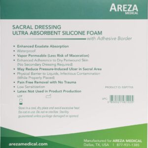 Areza Medical - Ultra-Absorbent Silicone Foam Wound Dressing - Waterproof - with Adhesive Border - sterile - designed for Sacral Wounds - 7" X 6.8" - 5 PCS Per Box