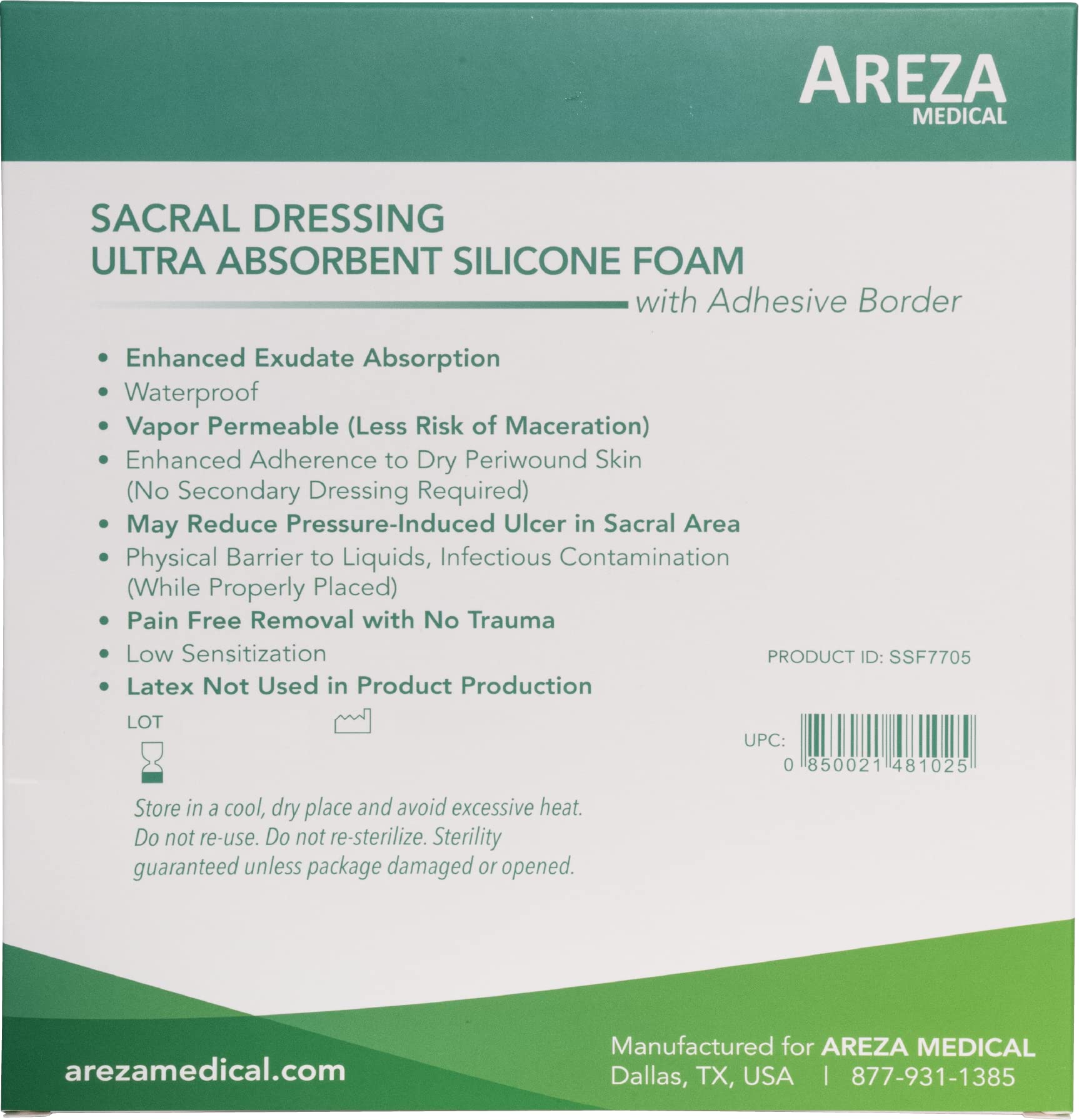 Areza Medical - Ultra-Absorbent Silicone Foam Wound Dressing - Waterproof - with Adhesive Border - sterile - designed for Sacral Wounds - 7" X 6.8" - 5 PCS Per Box