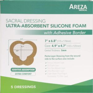 Areza Medical - Ultra-Absorbent Silicone Foam Wound Dressing - Waterproof - with Adhesive Border - sterile - designed for Sacral Wounds - 7" X 6.8" - 5 PCS Per Box