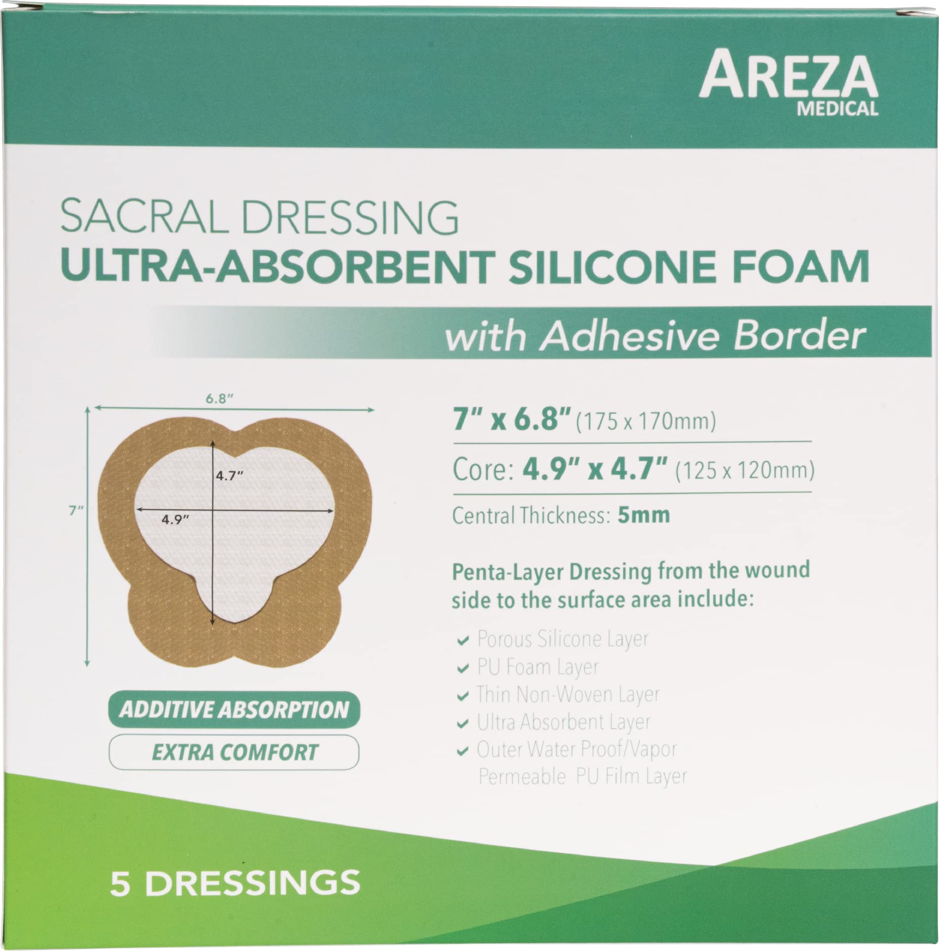 Areza Medical - Ultra-Absorbent Silicone Foam Wound Dressing - Waterproof - with Adhesive Border - sterile - designed for Sacral Wounds - 7" X 6.8" - 5 PCS Per Box