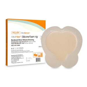 bordered silver silicone ag sterile highly absorbent antibacterial dressing, sacral,sacrum, 9"x 9" (6.6"x 6.4" pad), 5 dressings/box, medheal by medvancetm