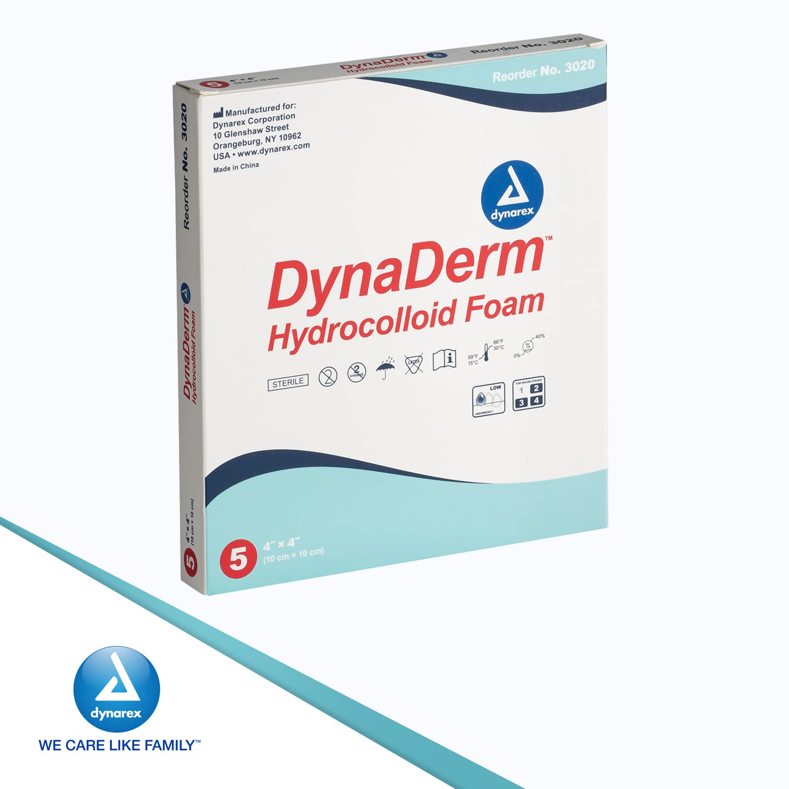 Dynarex DynaDerm Hydrocolloid Dressings, Sterile Moist Bandages Used for All Kinds of Wounds, 4" x 4", Foam & Latex-Free, Peel-Down Patches - 1 Box of 5 Dressings