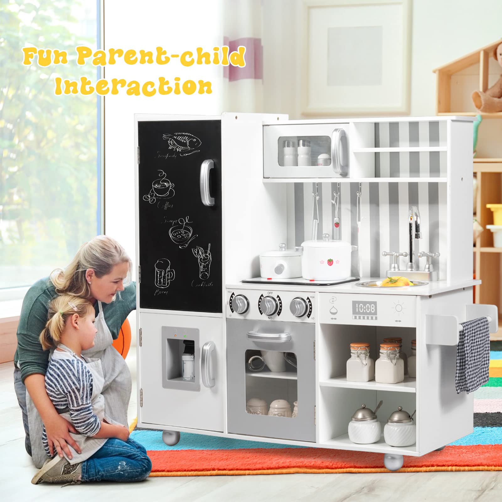 HONEY JOY Kids Kitchen Playset, Wooden Little Chef Pretend Play Kitchen Set w/Chalkboard & Water Dispenser, Stove, Storage Cabinet, Turning Knob, Play Kitchen for Toddlers, Gift for Boys Girls 3+