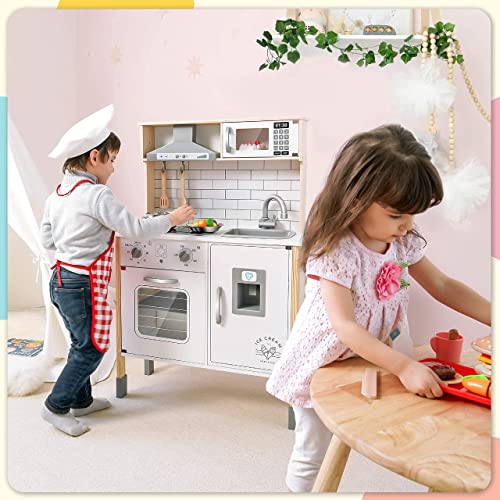 Tiny Land Play Kitchen for Kids, Wooden Kids Play Kitchen Playset Chef Pretend Play Set for Toddlers with Real Lights & Sounds, Toys Kitchen with 18 Pcs Toy Food & Cookware Accessories