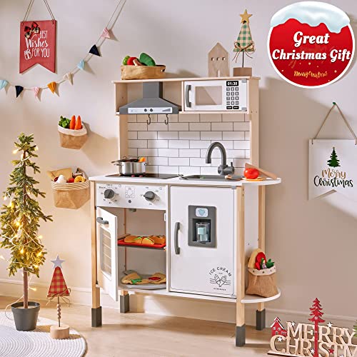 Tiny Land Play Kitchen for Kids, Wooden Kids Play Kitchen Playset Chef Pretend Play Set for Toddlers with Real Lights & Sounds, Toys Kitchen with 18 Pcs Toy Food & Cookware Accessories