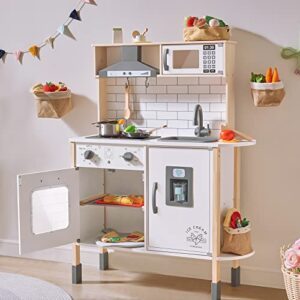 tiny land play kitchen for kids, wooden kids play kitchen playset chef pretend play set for toddlers with real lights & sounds, toys kitchen with 18 pcs toy food & cookware accessories