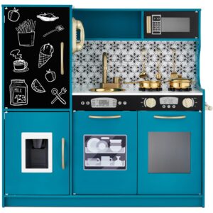 best choice products pretend play kitchen wooden toy set for kids w/realistic design, telephone, utensils, oven, microwave, sink - teal