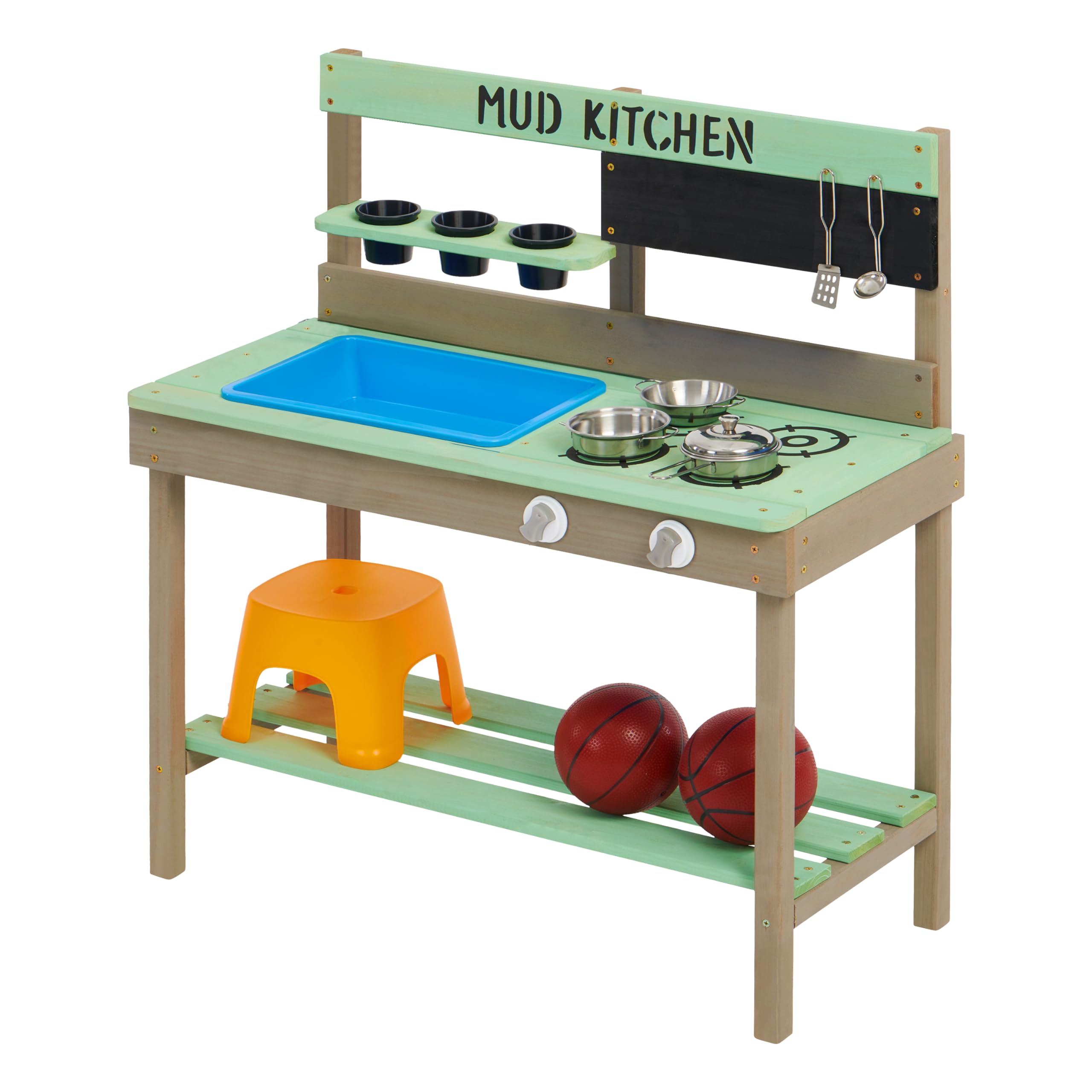 SoliWood Kid's Wooden Play Kitchen, Outdoor Mud Kitchen with Water Play Set and Cooking Toys, Backyard Play for 3+ Years Kid