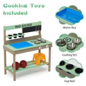 SoliWood Kid's Wooden Play Kitchen, Outdoor Mud Kitchen with Water Play Set and Cooking Toys, Backyard Play for 3+ Years Kid