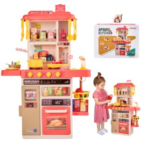 kids kitchen playset, all in one kids kitchen playset 50+ pcs 31" pretend toy kitchen w/realistic light sound spray water simulation sink faucet food utensils play kitchen for kids ages 2-8