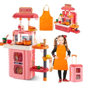 geiyatoi kitchen playset, 3 in 1 kitchen pretend play toys travel suitcase, 49 pcs realistic cooking accessories, sounds, lightnd, running water, great kitchen toys for toddlers kids