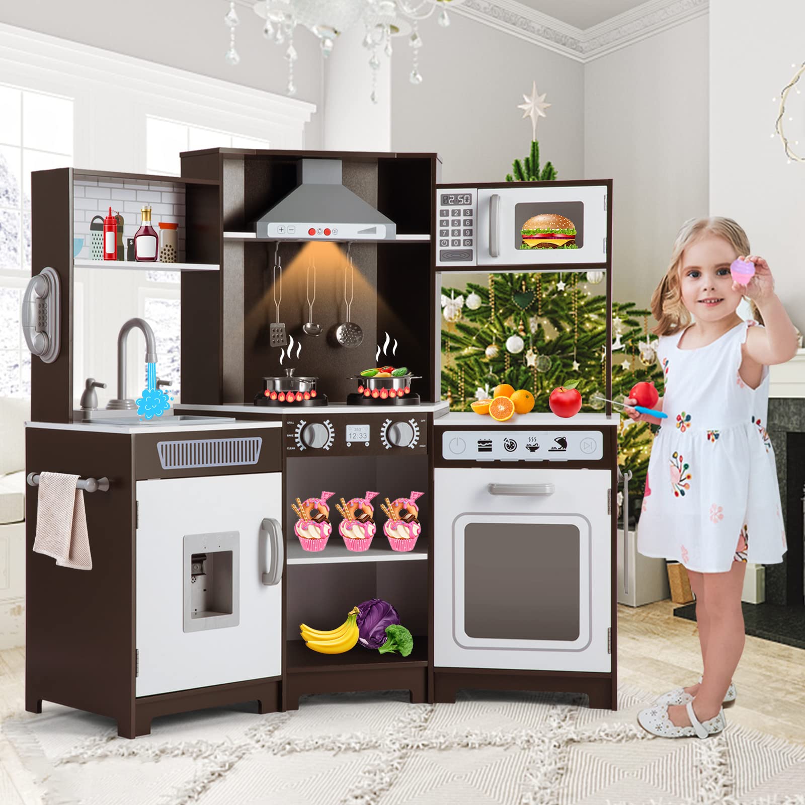 JOYLDIAS Kids Play Kitchen,Corner Wooden Pretend Toddler Kitchen Toys Playset with Realistic Lights & Sounds,Microwave Oven,Water Dispenser, Phone, Sink,Cooking Accessories, for Ages 3+, Brown