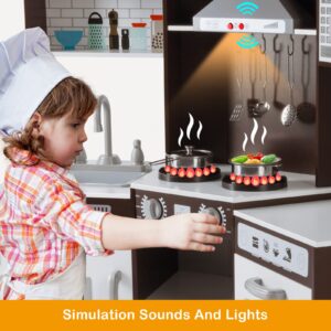 JOYLDIAS Kids Play Kitchen,Corner Wooden Pretend Toddler Kitchen Toys Playset with Realistic Lights & Sounds,Microwave Oven,Water Dispenser, Phone, Sink,Cooking Accessories, for Ages 3+, Brown